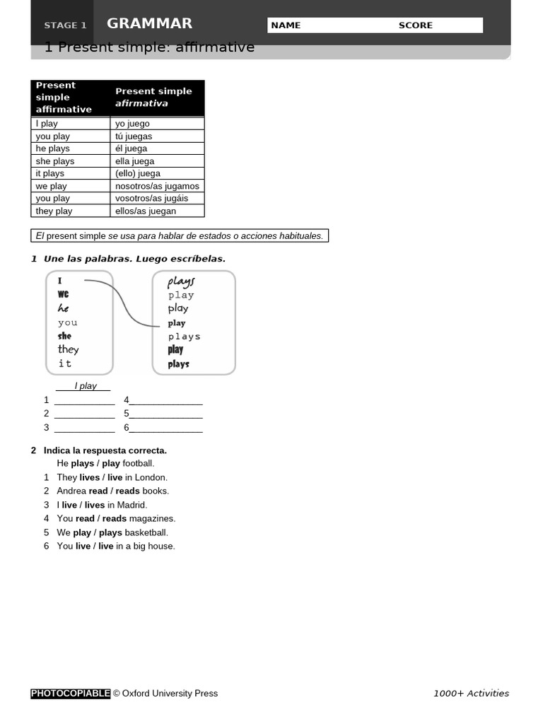 Stage 1 1 Present Simple Affirmative | PDF | Language Arts & Discipline