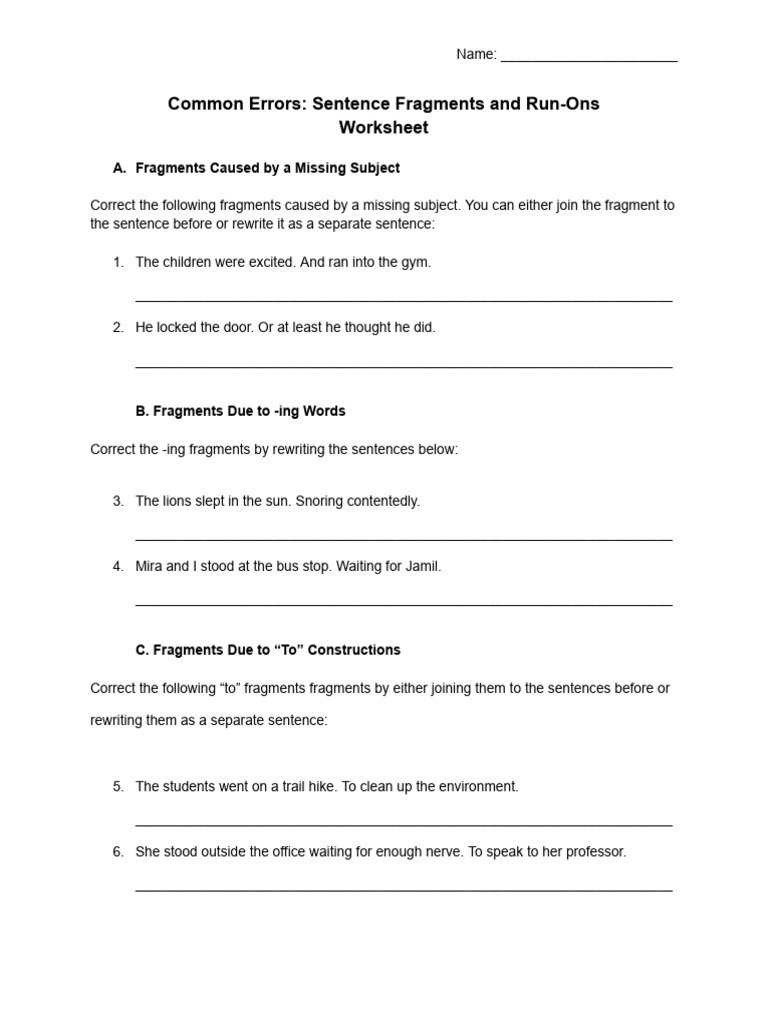 Sentence Errors Worksheet | PDF | Punctuation | Syntax