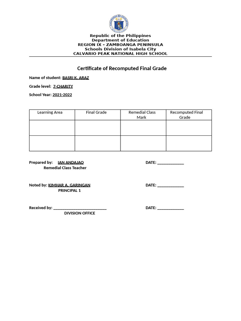 Certification of Recomputed Grade | PDF