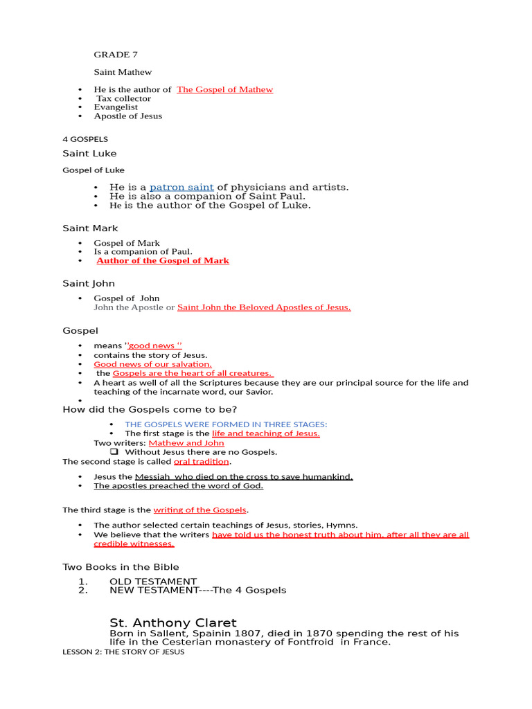 GRADE 7 - Notes | PDF | The Gospel | Gospels