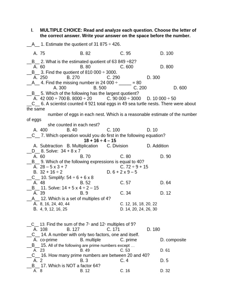 MULTIPLE CHOICE | PDF | Number Theory | Algebra