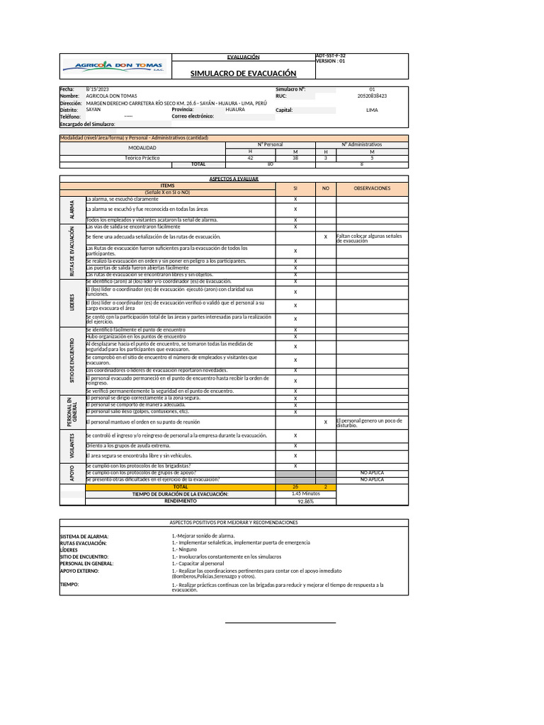 ADT-SST-F-33 EVALUACION DE SIMULACRO | PDF