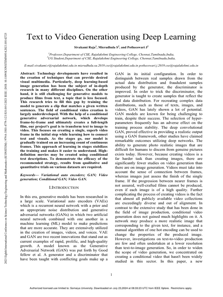 Text to Video Generation Using Deep Learning | PDF | Deep Learning | Computational Neuroscience