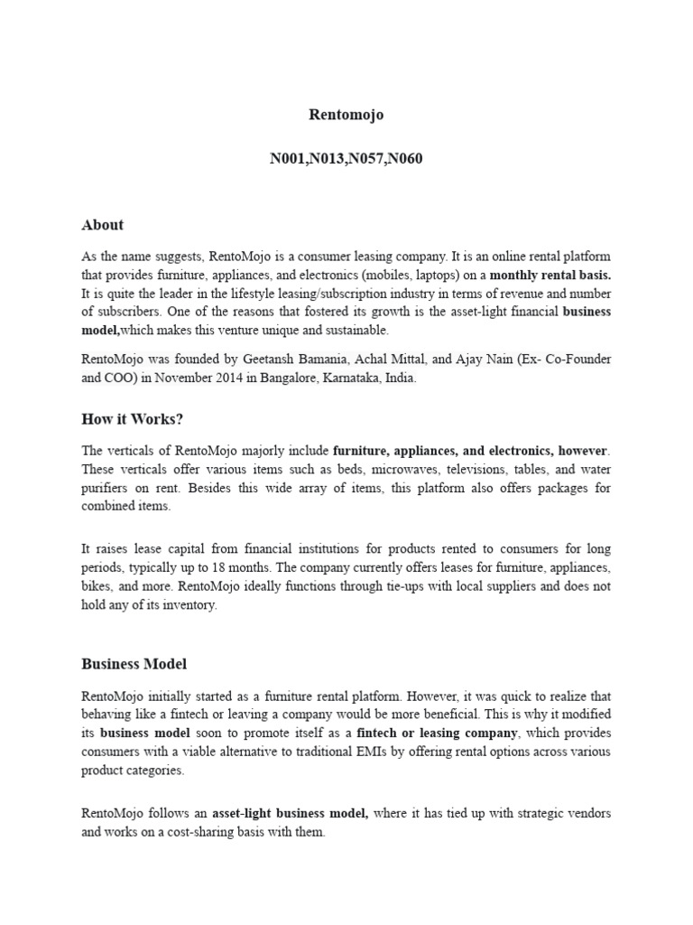 Rentomojo - N001, N013, N057, N060 | PDF | Subscription Business Model | Venture Capital