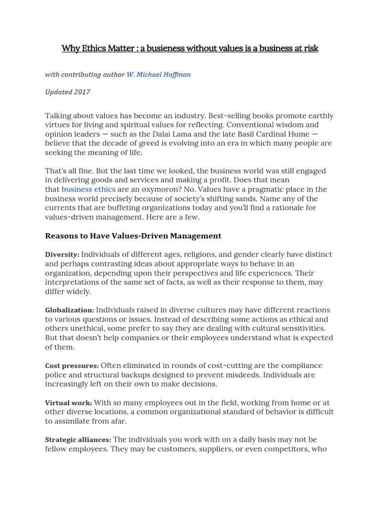 Why Ethics Matter - A Busieness Without Values Is A Business at Risk ...