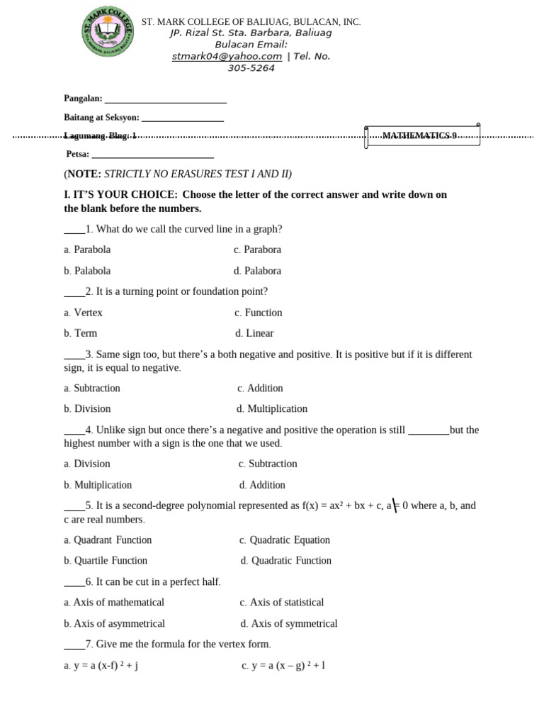 Summative Test No. 1 ~ Mathematics 9 | PDF | Mathematical Objects ...