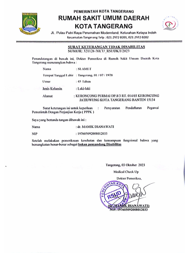 Suraat Ket Tdk Disabilitas Slamet | PDF