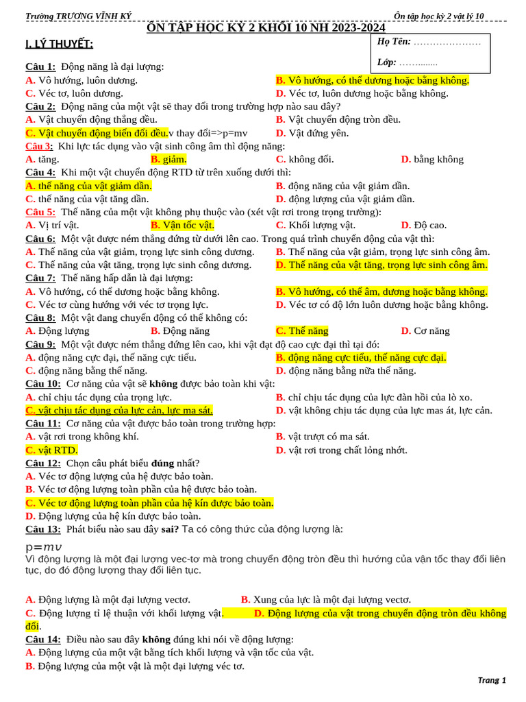 ÔN TẬP HK2 KHỐI 10 HS | PDF