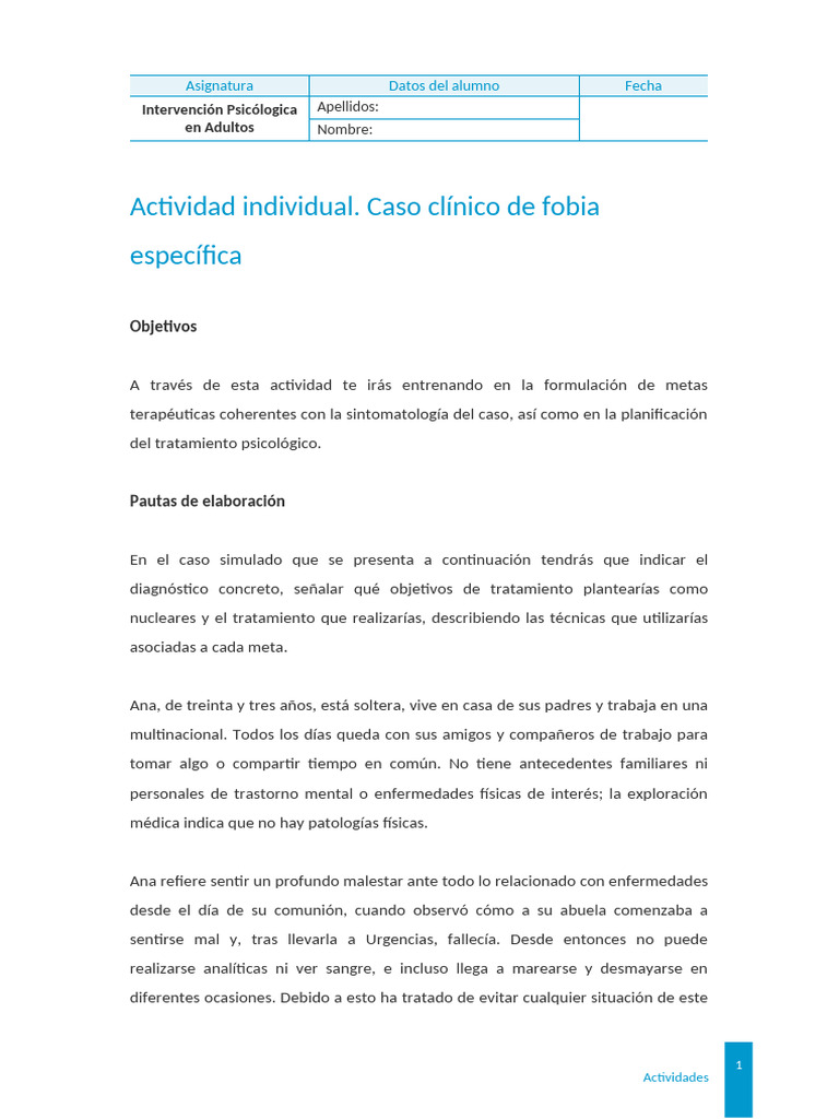 Actividad Individual. Caso Clínico de Fobia Específica | PDF ...