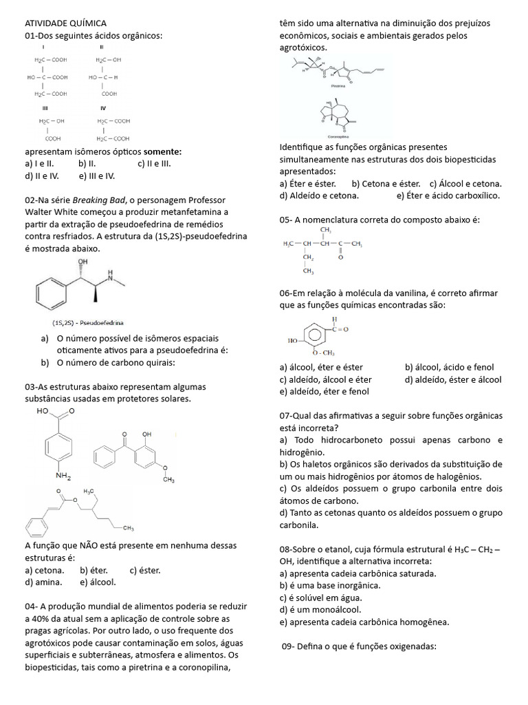 ATIVIDADE QUÍMICA 3 Ano | PDF | Éster | Aldeído