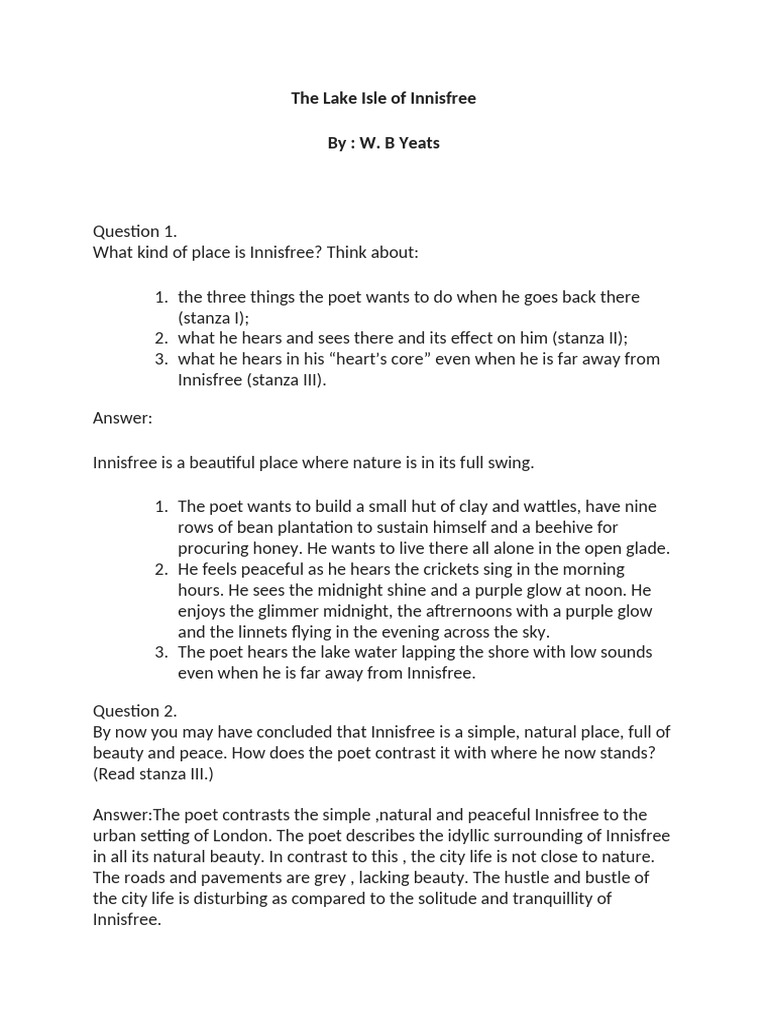 The Lake Isle of Innisfree QA | PDF | Art | Poetry