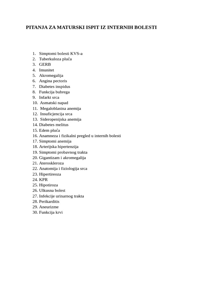 Pitanja Za Maturski Ispit Iz Internih Bolesti | PDF