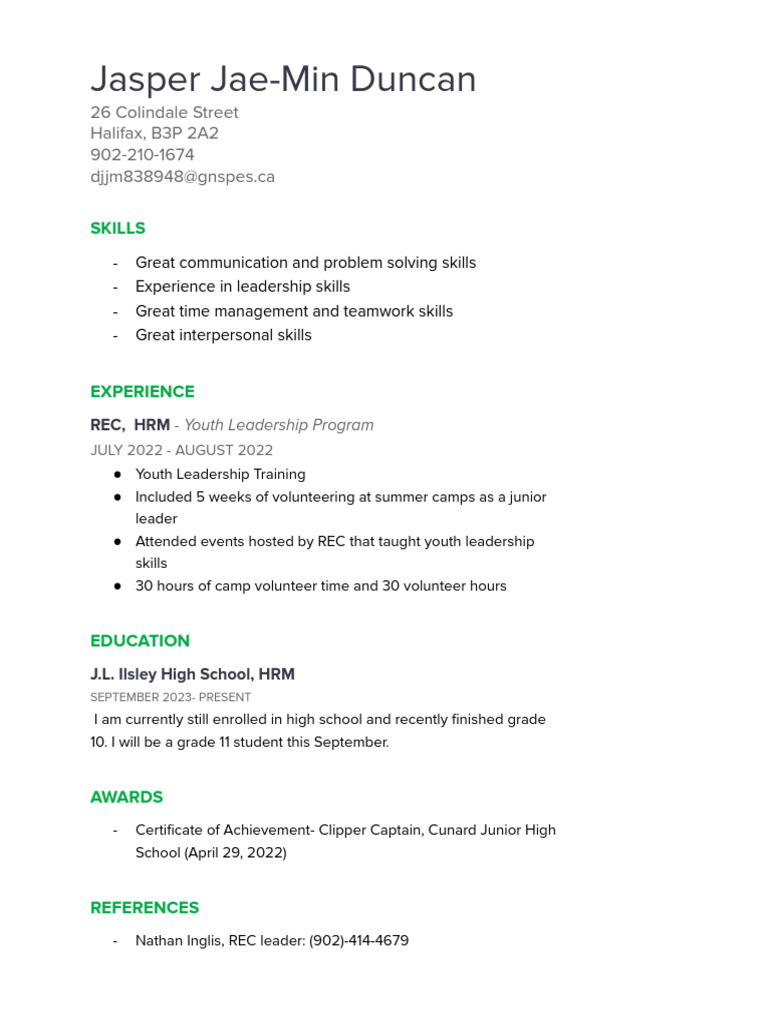 Jasper Jae-Min Duncan: 26 Colindale Street Halifax, B3P 2A2 902-210 ...