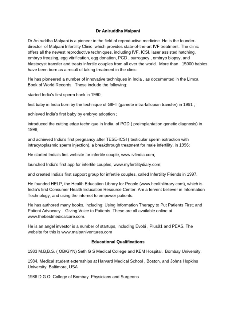 DR Aniruddha Malpani CV Kem Hospital Final | PDF | Infertility | In ...