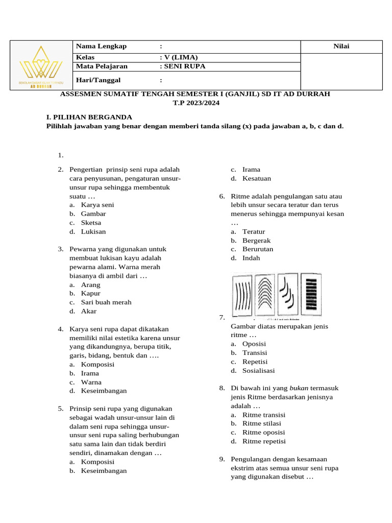 A Soal Seni Rupa Mid Sem. 1 | PDF