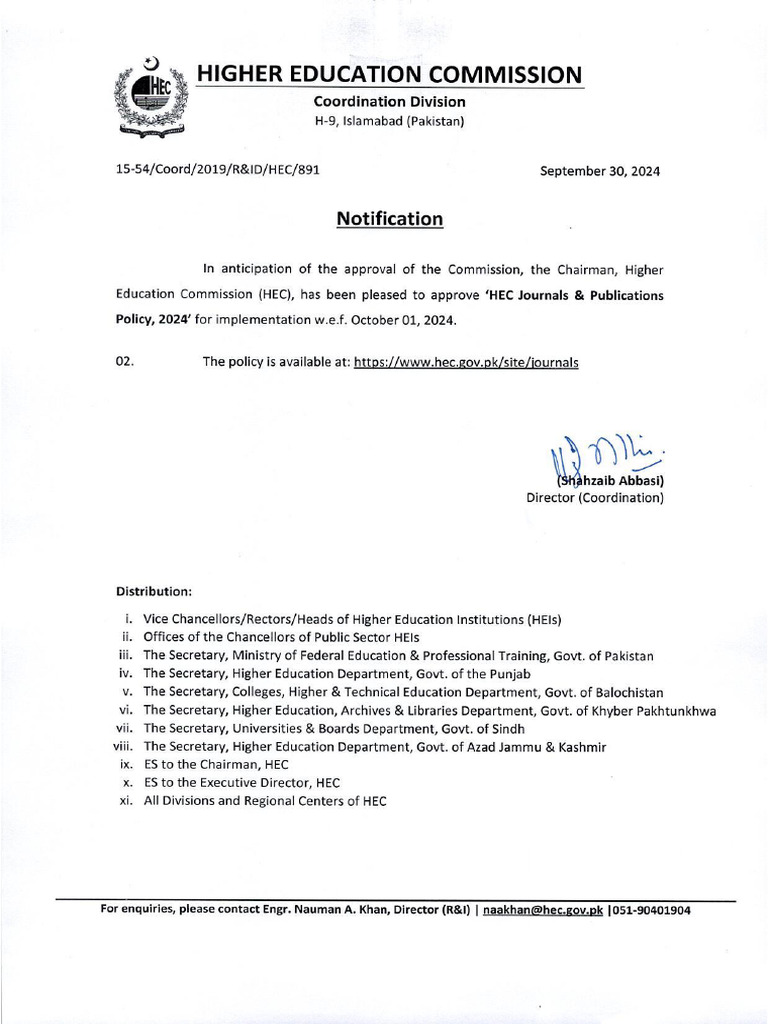 HEC Notification HEC Journals & Publications Policy, 2024 | PDF