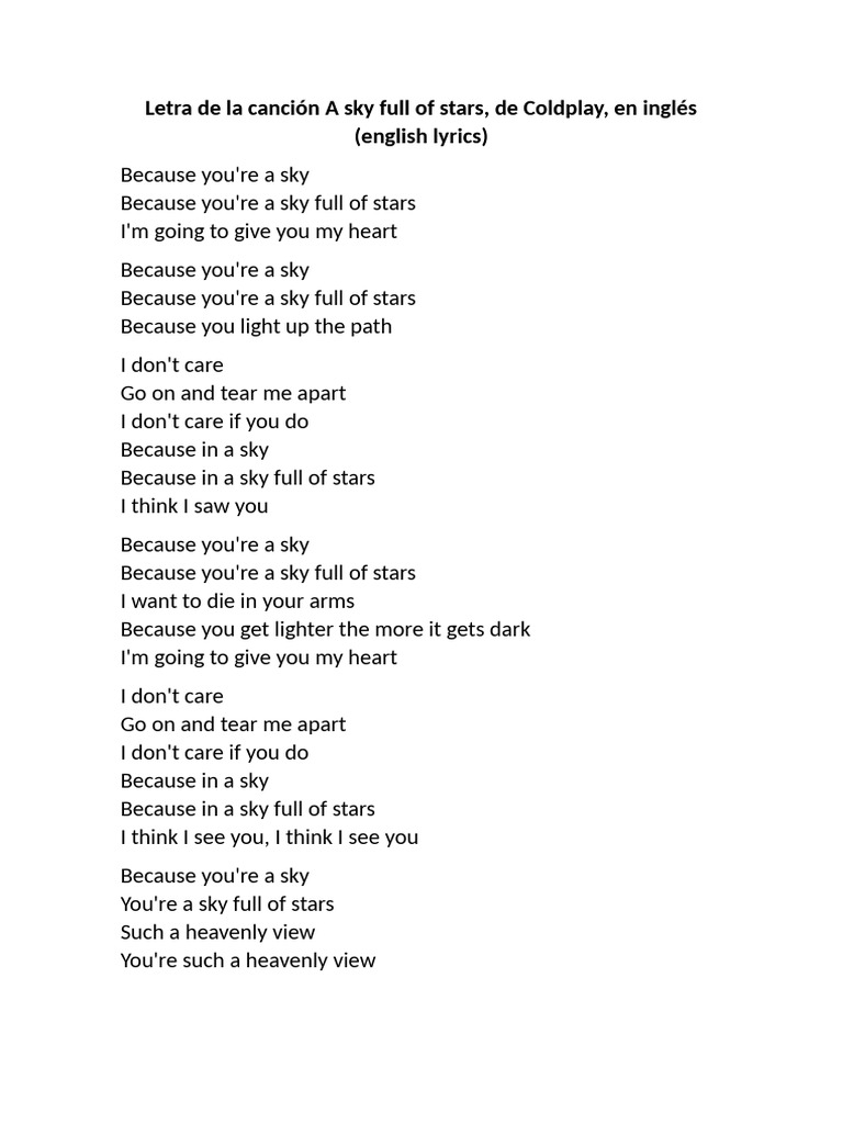 Letra de La Canción A Sky Full of Stars | PDF | Art | Poetry