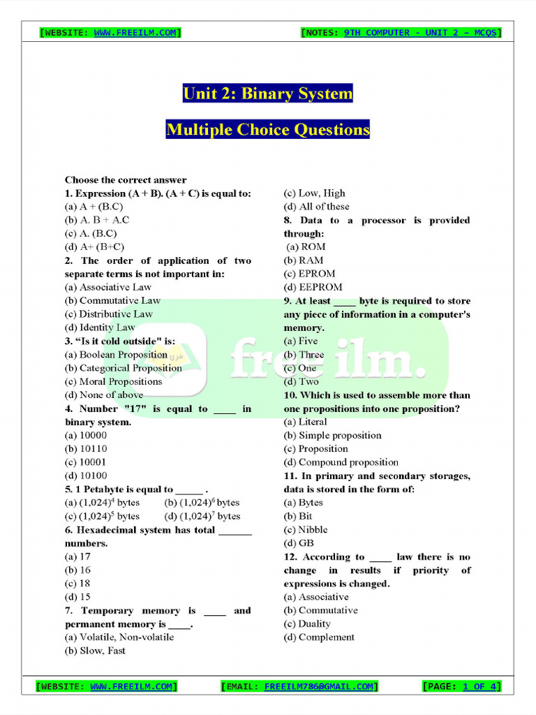 9th Comp CH 2 MCQ's | PDF