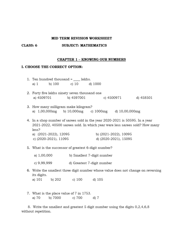 Class 6 - Worksheet | PDF | Numbers | Mathematics