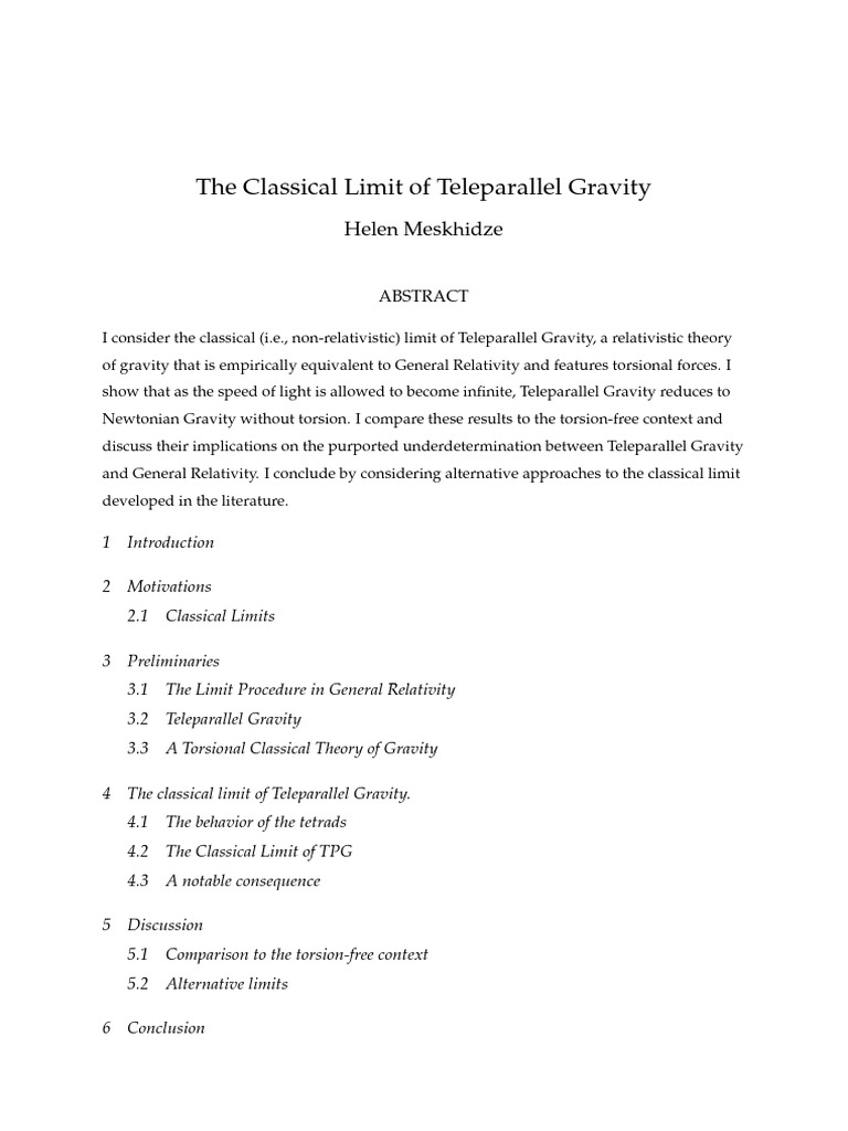 The Classical Limit Of Teleparallel Gravity Pdf General Relativity Gravity