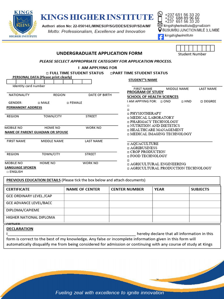 Kings Higher Institute Application Form | PDF