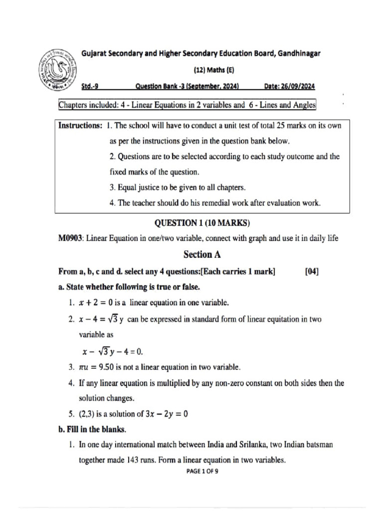 Question Bank-3 Maths Std-9 | PDF | Angle | Equations