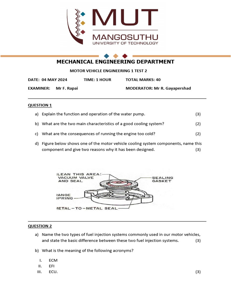 Motor Vehicle Test 2 Sem 1 2024 | PDF | Technology & Engineering