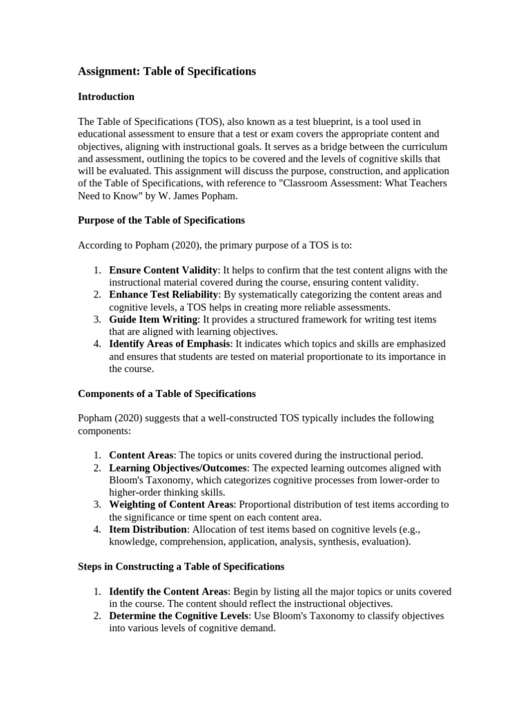 Table_of_Specifications_Assignment | PDF | Educational Assessment | Cognition
