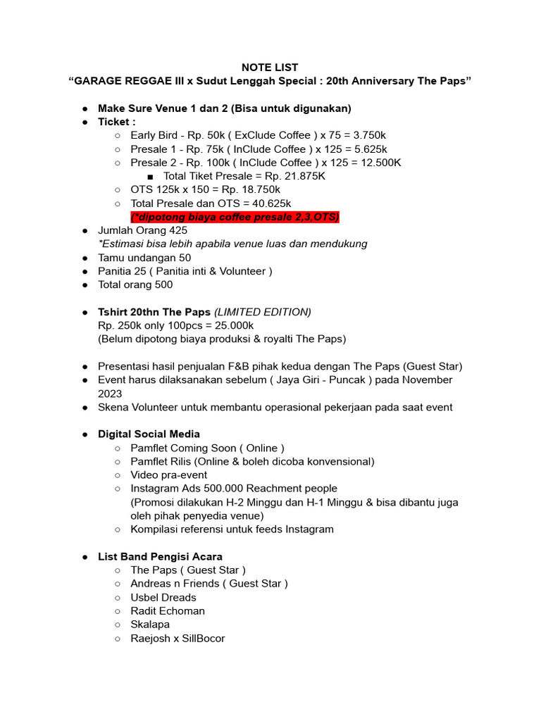 NOTE LIST "GARAGE REGGAE III X Sudut Lenggah Special - 20th Anniversary The Paps" 2023 | PDF