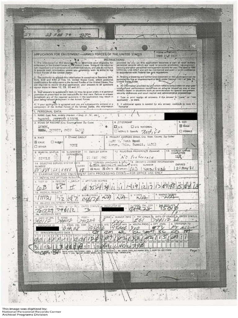 Official Military Personnel File For Jeffrey L. Dahmer | PDF