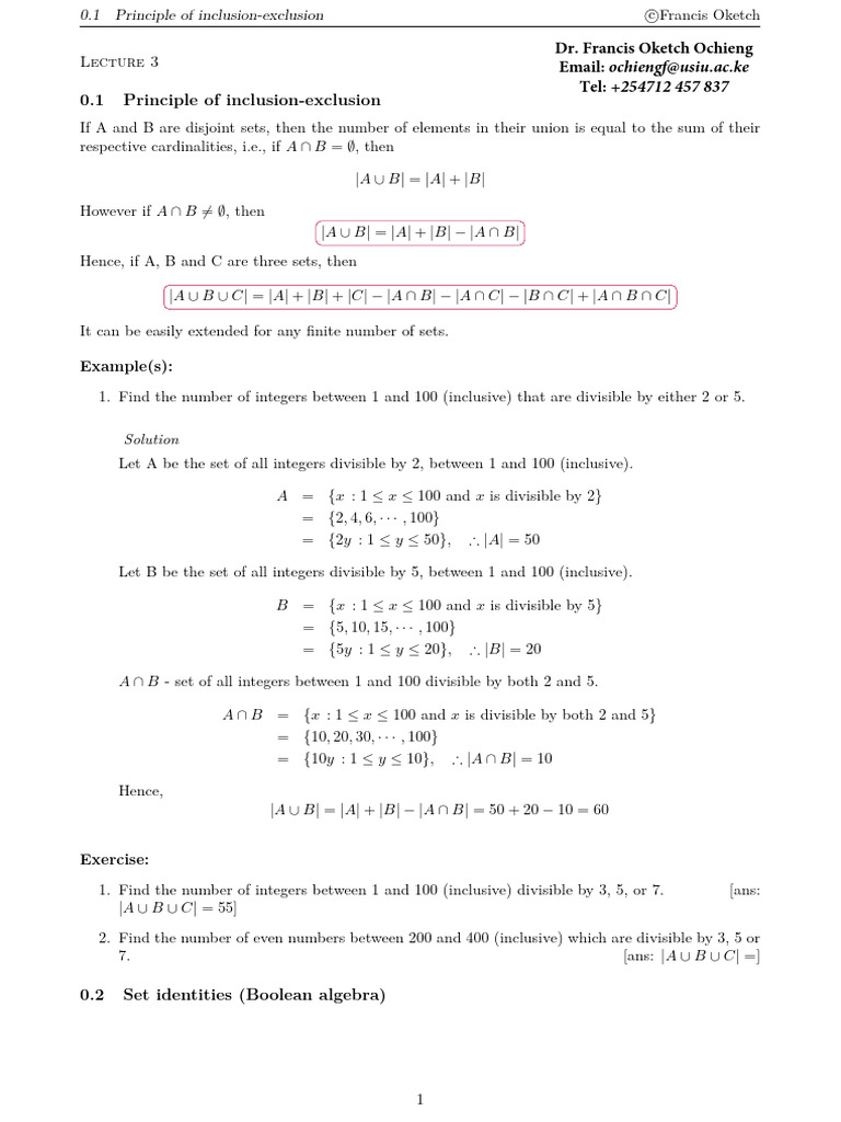 Week 3 Notes - (Inclusion, Exclusion, Boolean Algebra) | PDF | Set ...