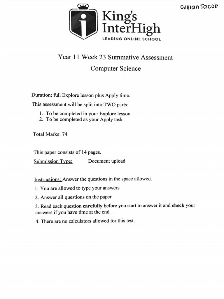 Week 23 Apply Summative Assessment Part 2 - Gillian Jacob | PDF ...