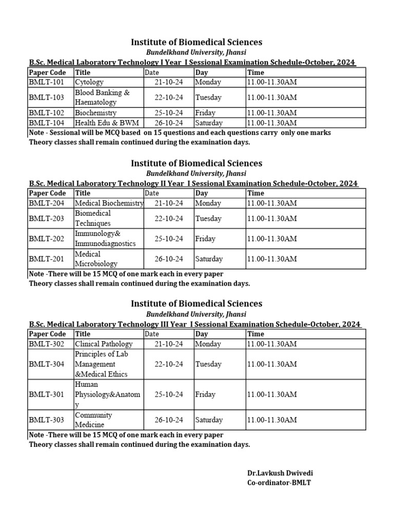 Updated BMLT I II & III Year I Sessional Exam | PDF | Medical Laboratory | Medicine