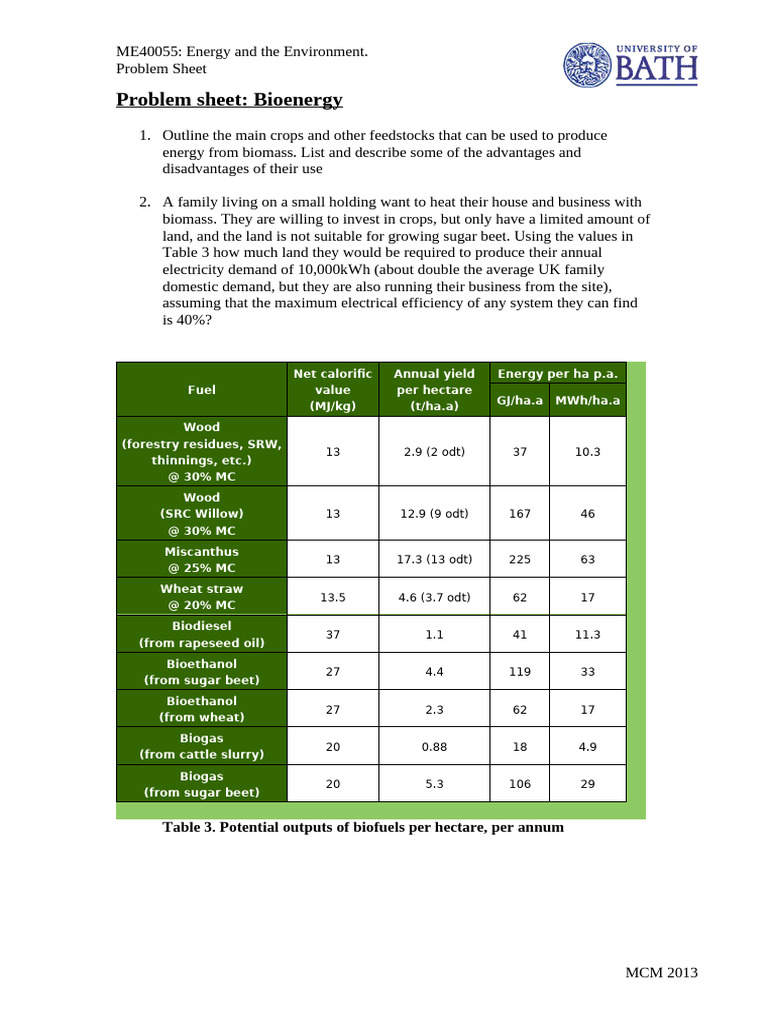 problem sheet bioenergy (1) | PDF | Power Resources | Bioenergy