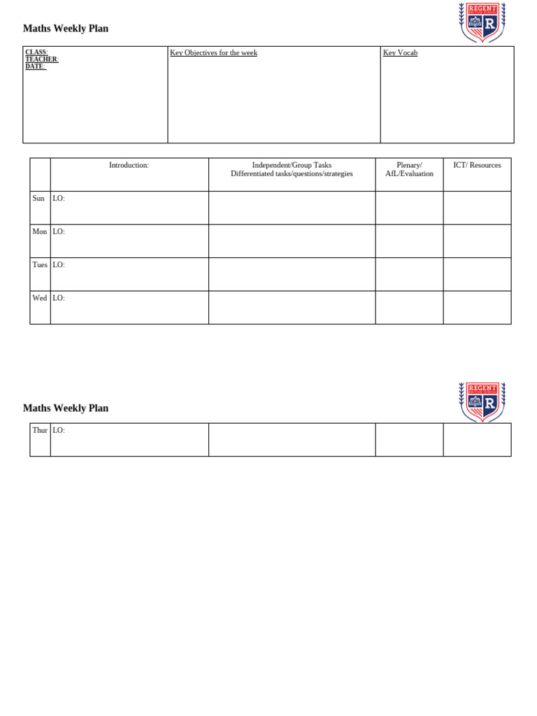 Blank Weekly Maths Plan | PDF