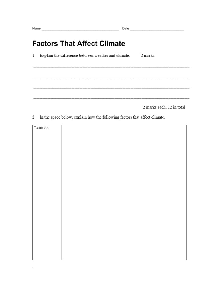 Climate Factors Worksheet | PDF