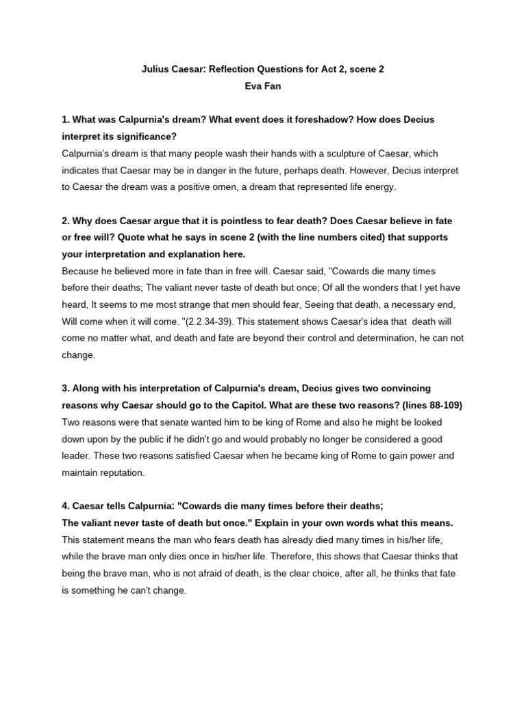 Julius Caesar - Reflection Questions For Act 2, Scene 2 - Eva Fan | PDF ...