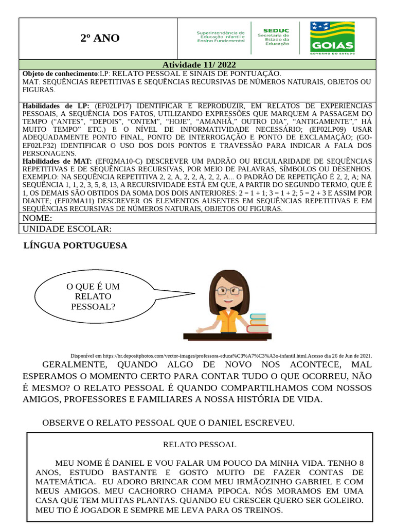 2º Ano - Atividade 11 - RELATO PESSOAL - SEQUÊNCIAS REPETITIVAS | PDF | Sequência | Tempo
