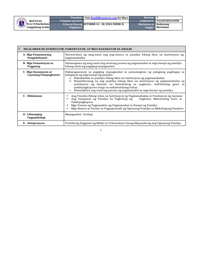 DLL Matatag - Values Education 7 q2 w3 | PDF