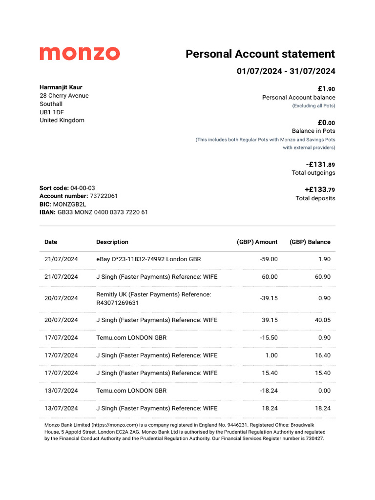 Monzo - Bank - Statement - 2024 07 01 2024 07 31 - 1410 | PDF | Money ...