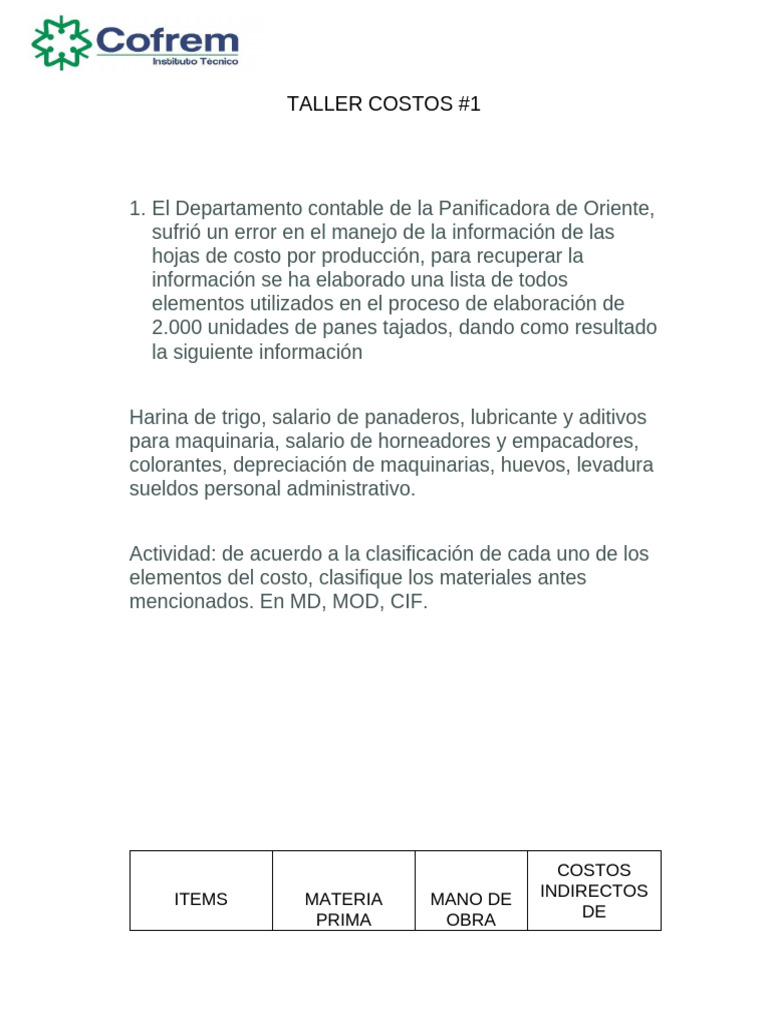 Taller Costos #1 | PDF