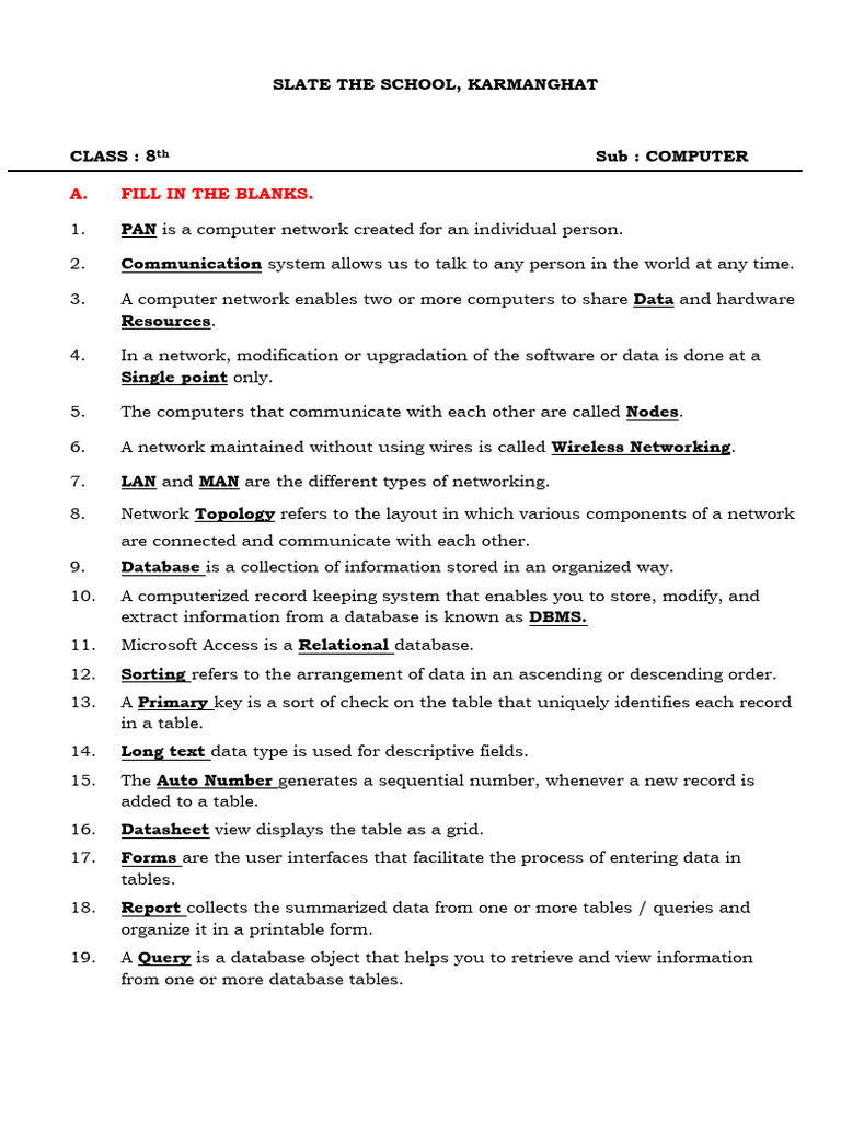 Sa 1 Question Bank Class 8 - 24-25 | PDF | Databases | Computer Network