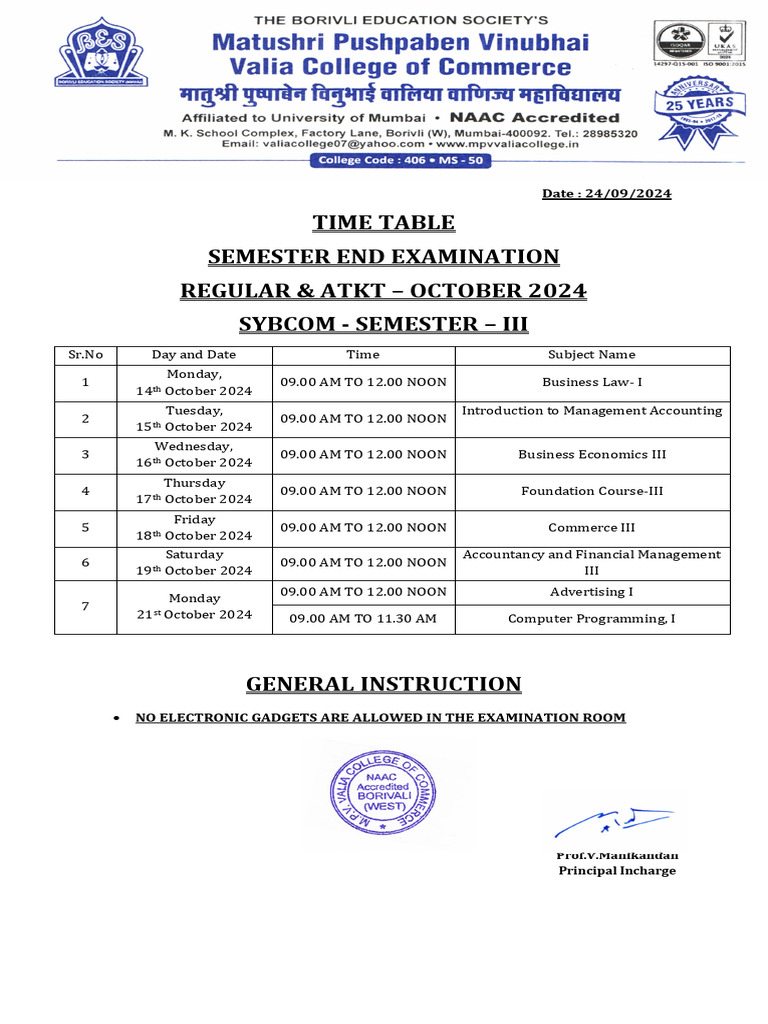 Sybcom-Time Table Regular & Atkt Sem III-oct-2024 | PDF