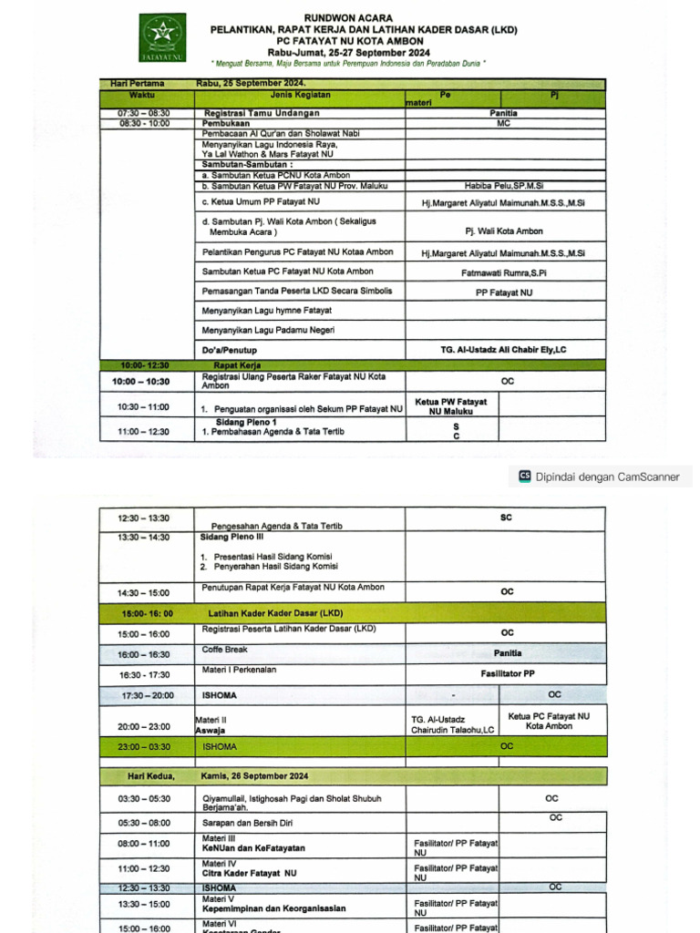 Rundown Pelantikan, RAKER & LKD PC Fatayat NU Kota Ambon | PDF
