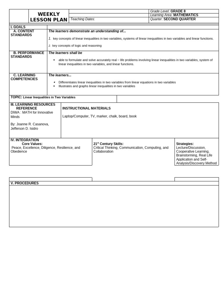 Grade 8 Math Lesson Plan: Linear Inequalities | PDF