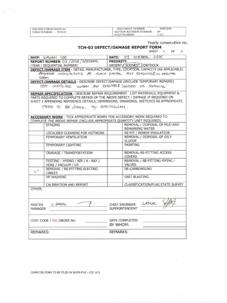 TCH-02 DEFECT,DAMAGE REPORT FORM AMPERE MONITORING AT MAIN PANEL AUX ENGINE NO II | PDF