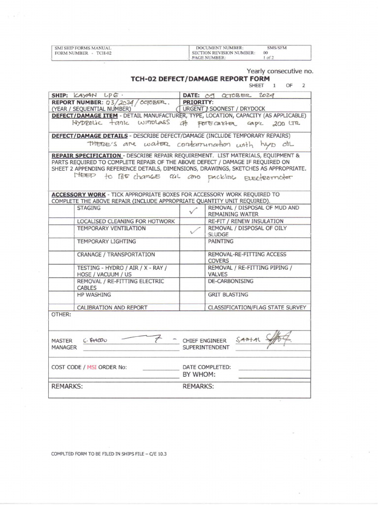 TCH-02 Defect Demage Report Form Hydrolic Tank Windlass at Forecastel | PDF