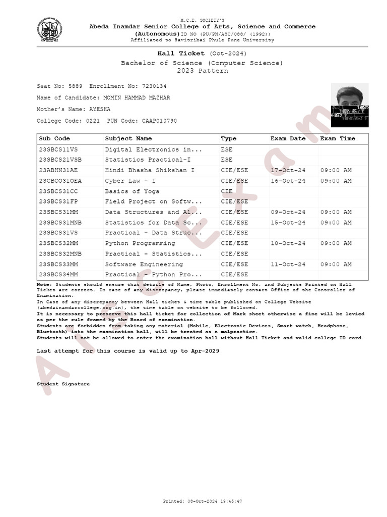 HallTicket 7230134 | PDF | Computing