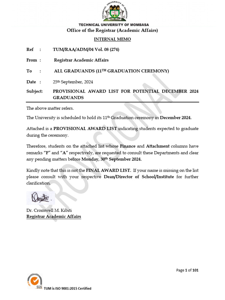 1 - Tum Provisional Award List For The 11TH Graduation Ceremony | PDF ...