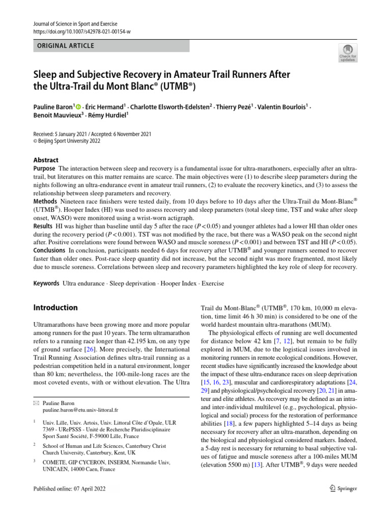 Sleep and Subjective Recovery in Amateur Trail Runners After The Ultra Trail Du Mont Blanc ...